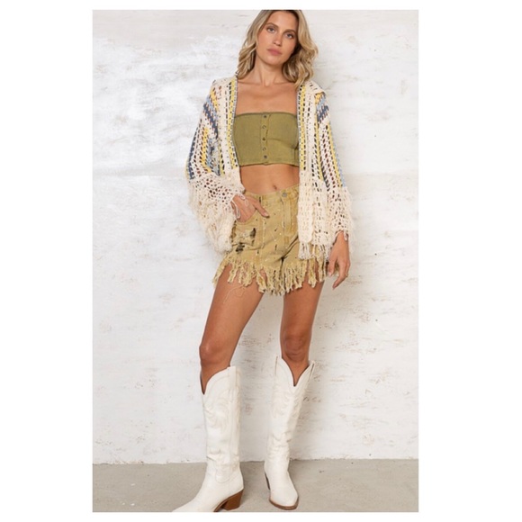 POL | Sweaters | Last Onepretty Pol Hooded Fringe Crochet Color Block ...